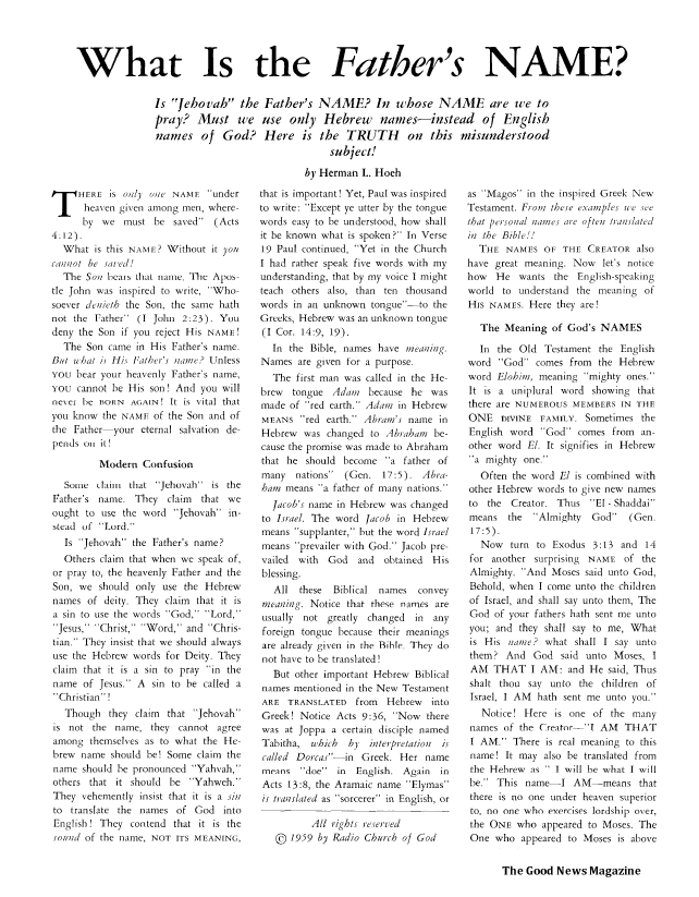 What Is the Father’s NAME? – Herman L Hoeh – Good News Magazine ...