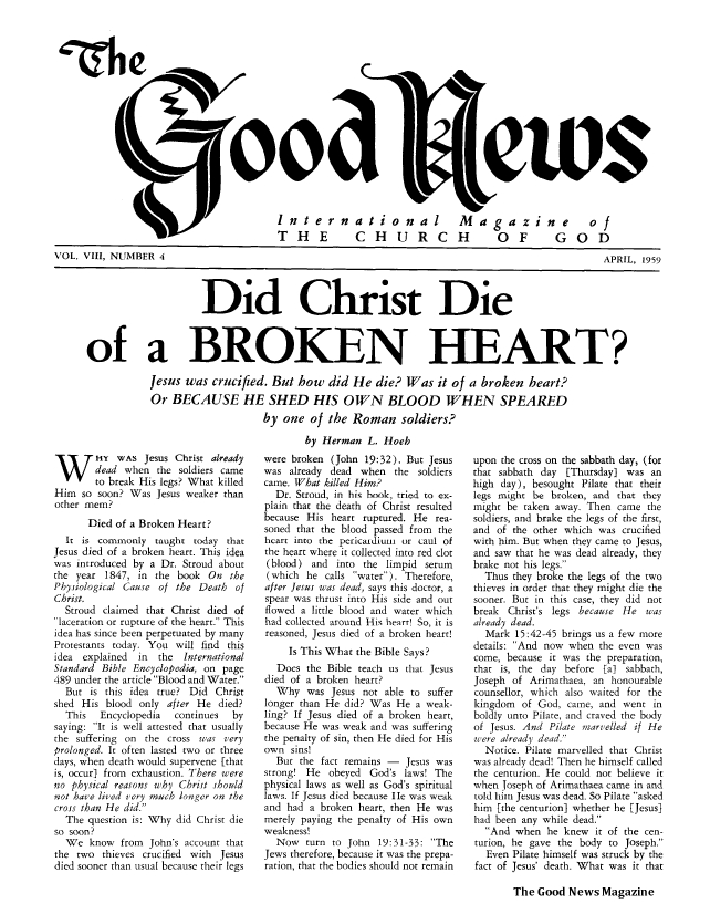 Did Christ Die of a BROKEN HEART? – Herman L Hoeh – Good News Magazine ...
