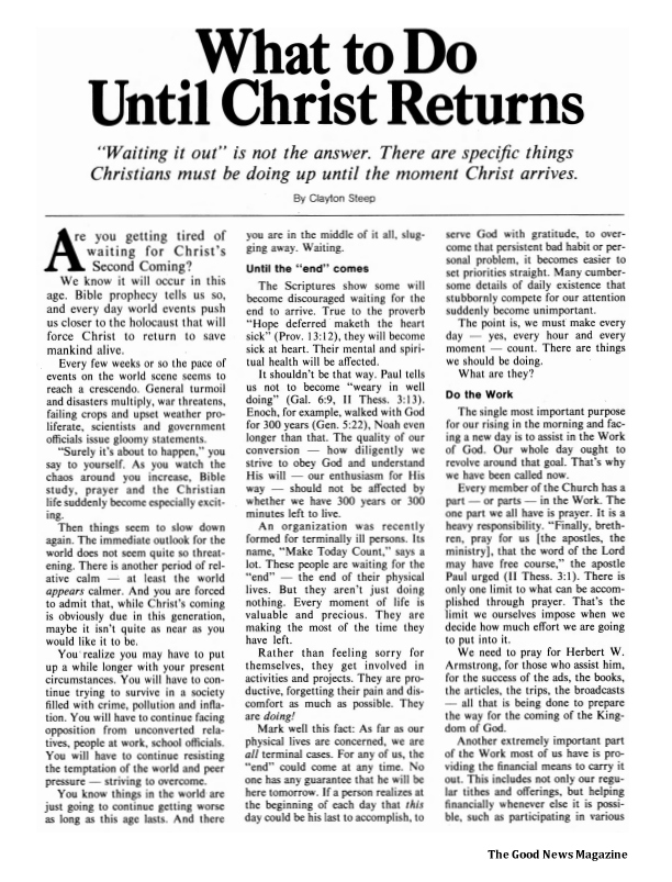 What to Do Until Christ Returns – Clayton D Steep – Good News Magazine ...