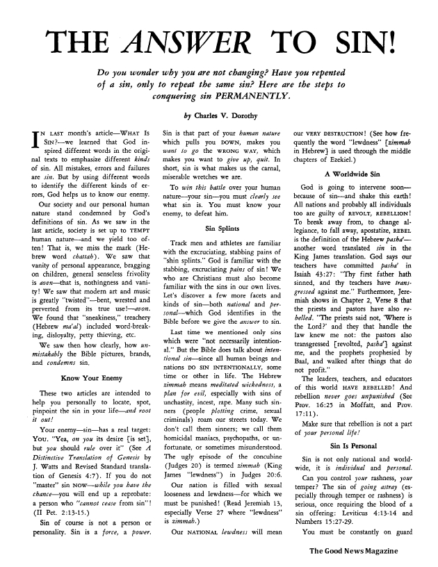 The Answer To Sin! – Charles V Dorothy – Good News Magazine | Herbert W ...