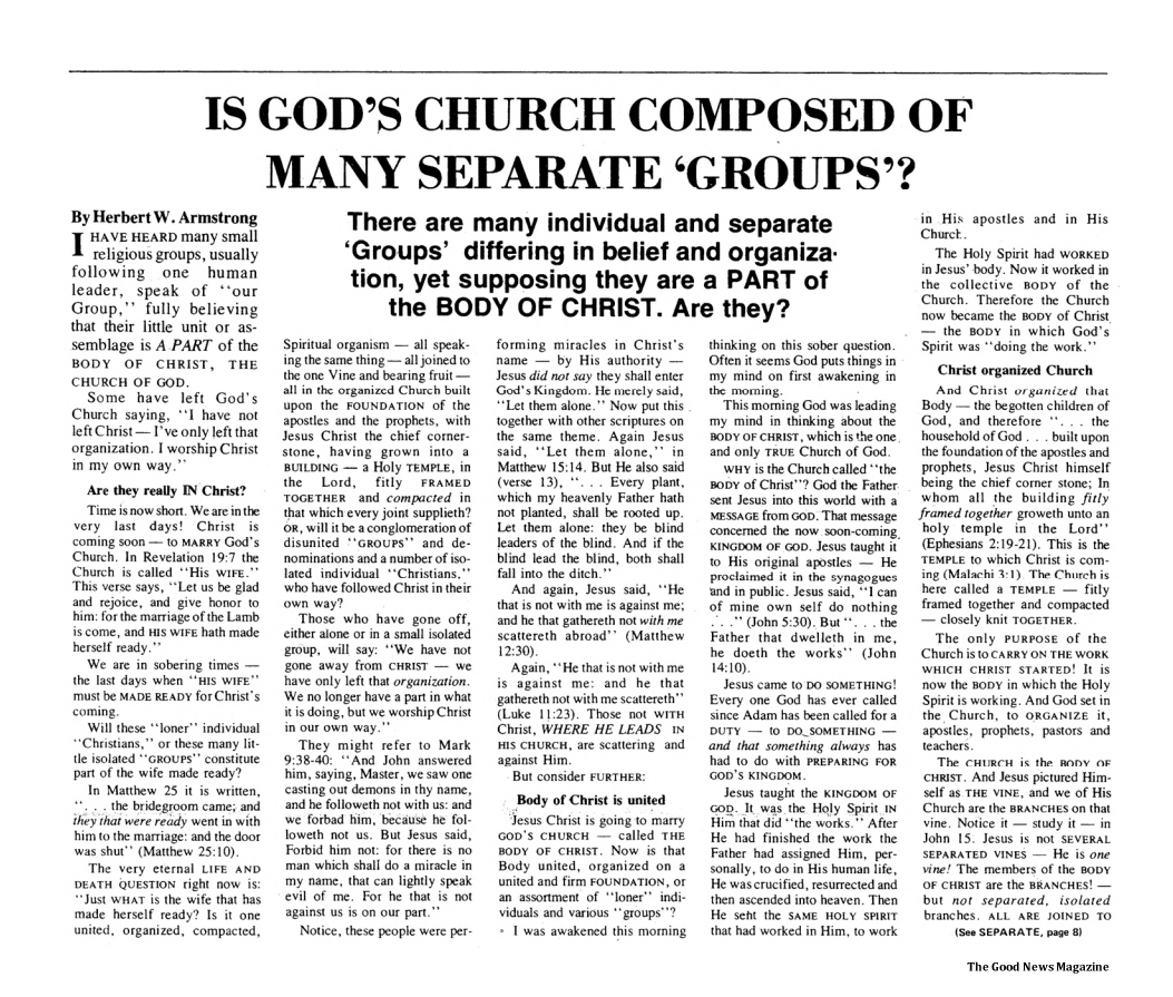 Is God’s Church Composed of Many Separate ‘Groups’? – Herbert W ...