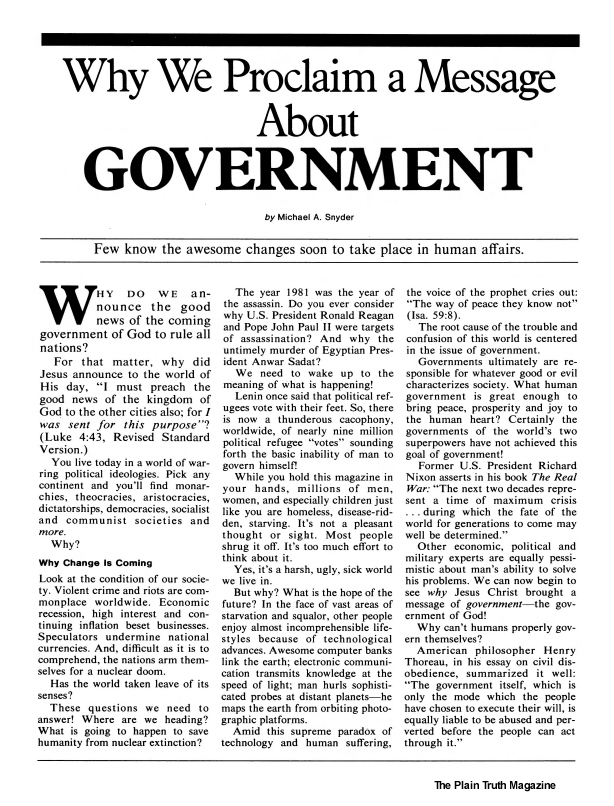 Why We Proclaim a Message About GOVERNMENT – Michael A Snyder – Plain ...