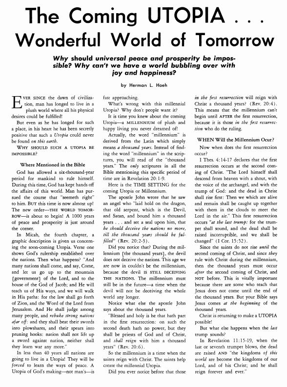 The Coming UTOPIA… Wonderful World of Tomorrow – Herman L Hoeh – Plain ...