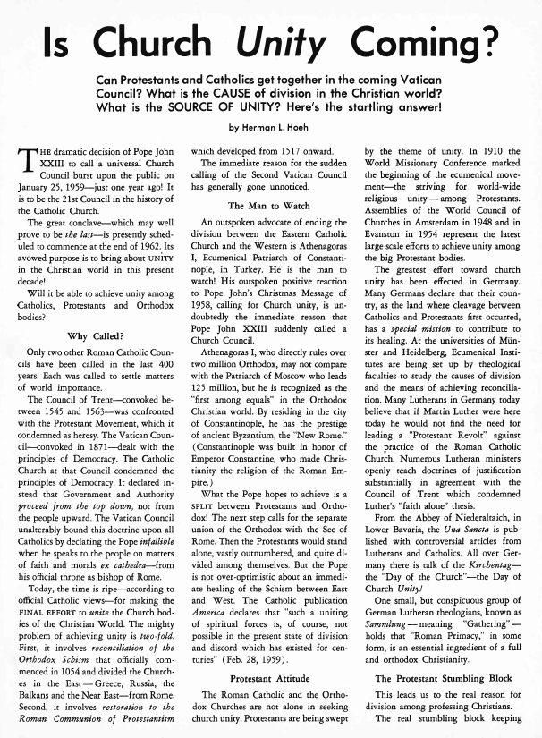 Is Church Unity Coming? – Herman L Hoeh – Plain Truth Magazine ...