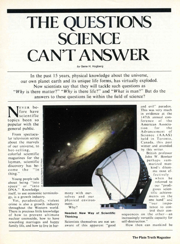 THE QUESTIONS SCIENCE CAN’T ANSWER – Gene H Hogberg – Plain Truth ...
