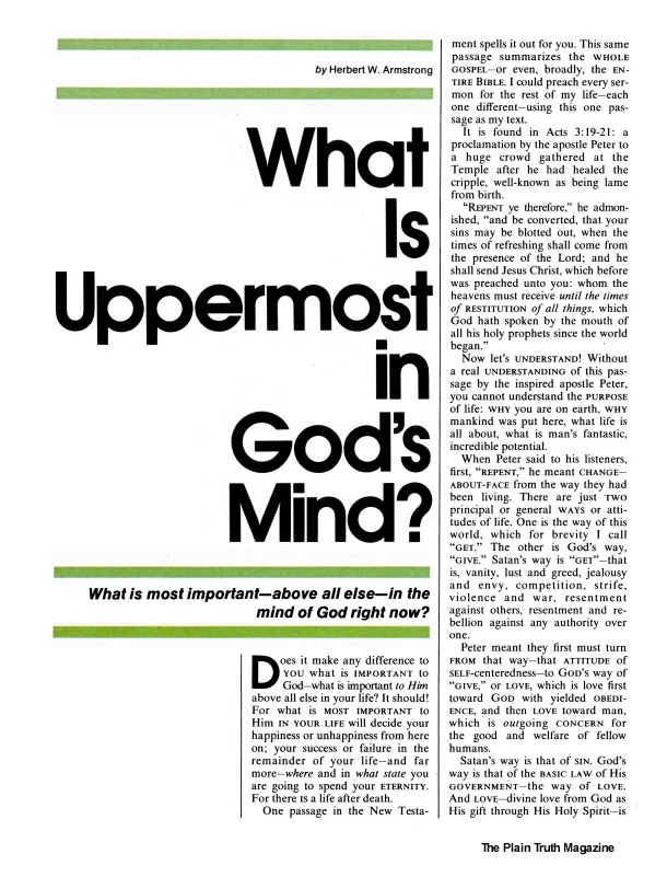 What Is Uppermost In God’s Mind? – Herbert W Armstrong – Plain Truth ...