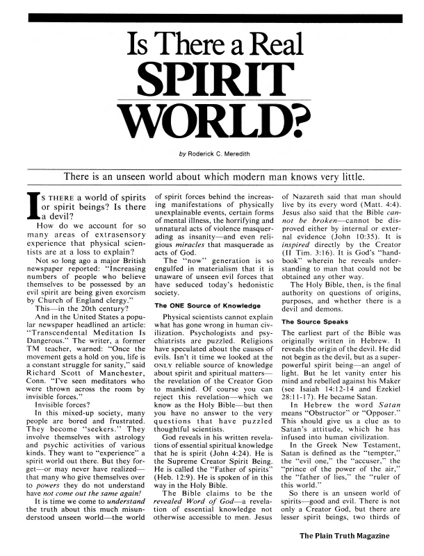 Is There a Real SPIRIT WORLD? – Roderick C Meredith – Plain Truth ...