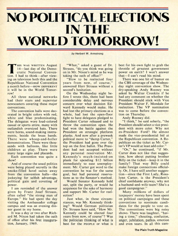 NO POLITICAL ELECTIONS IN THE WORLD TOMORROW! – Herbert W Armstrong ...
