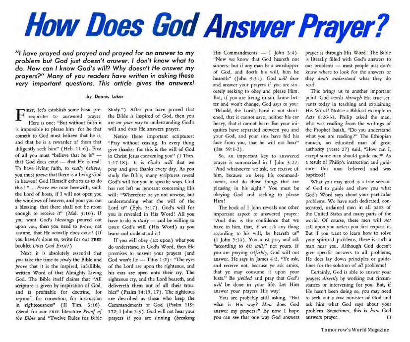 How Does God Answer Prayer? – Dennis G Luker – Tomorrow’s World ...